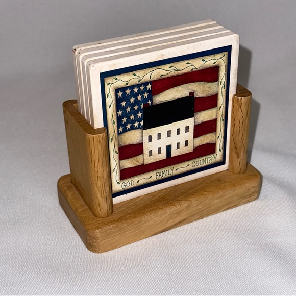Kitchen | Vintage Patriotic Coaster Tiles Set Red White Blue God Family ...